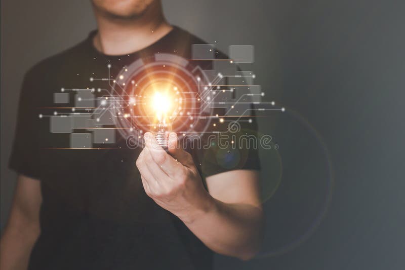 Man Holds a Light Bulb in His Hand with Tech Network. the Light Emitted ...