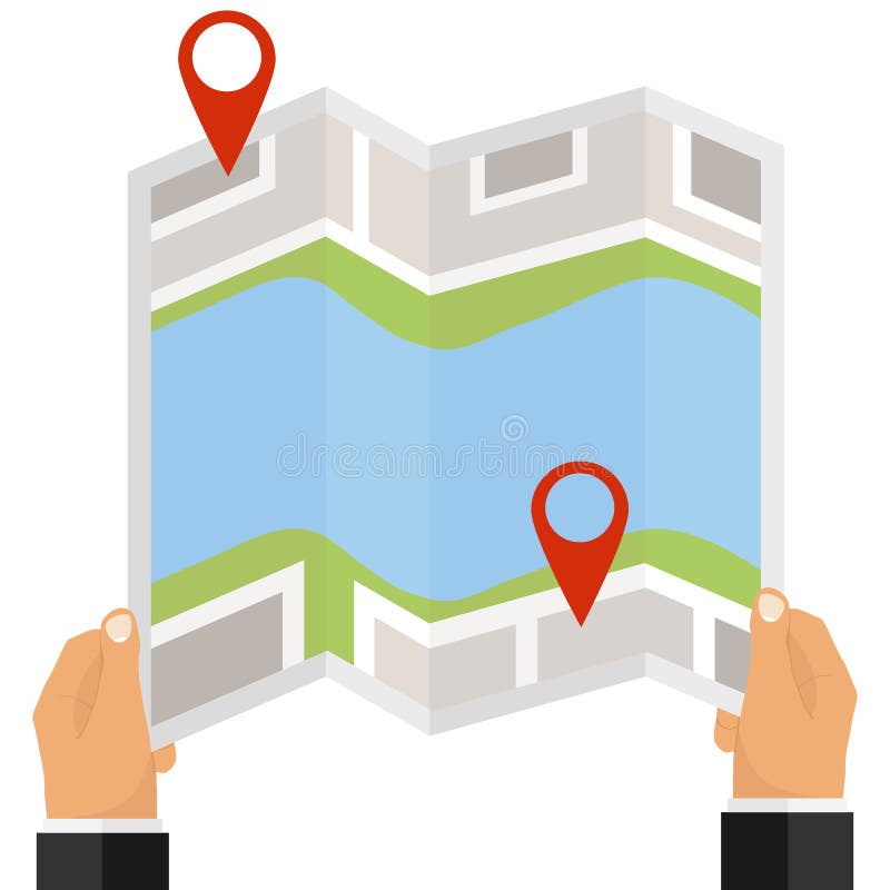 A Man Holds a Map with a Destination in His Hands. Red Mark on the Map ...