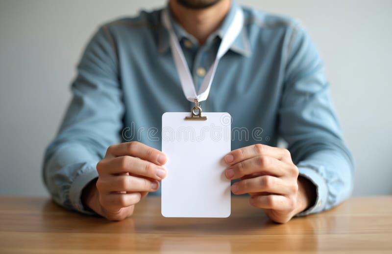 Man Holds Name Badge. Personal Security Identification Mockup in Hands ...