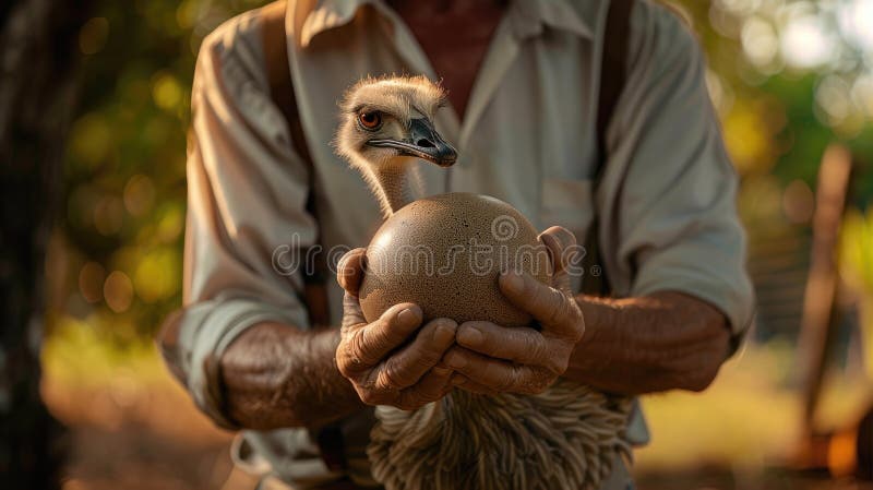 A Man Holds an Ostrich Egg in His Hands. Selective Focus Stock ...