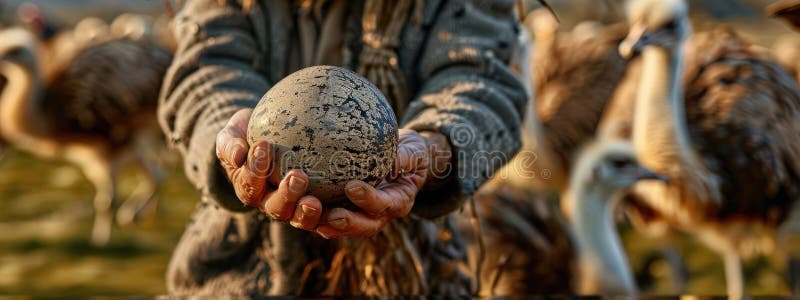 A Man Holds an Ostrich Egg in His Hands. Selective Focus Stock Photo ...