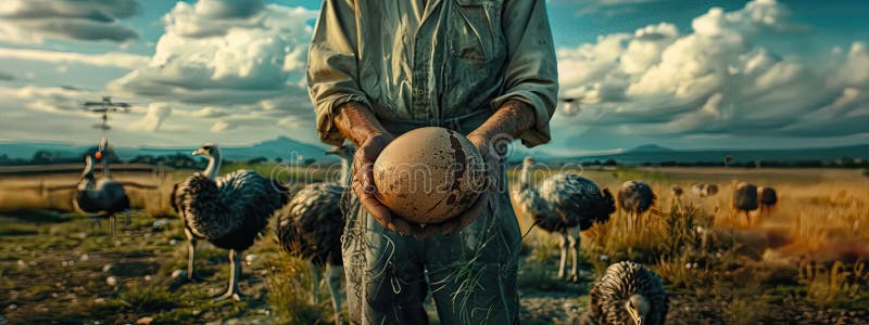A Man Holds an Ostrich Egg in His Hands. Selective Focus Stock ...