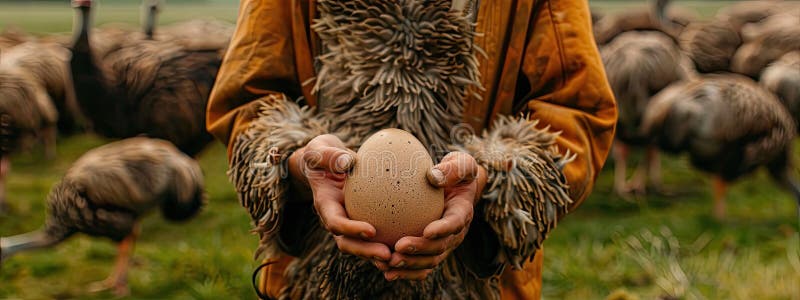 A Man Holds an Ostrich Egg in His Hands. Selective Focus Stock ...
