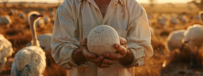 A Man Holds an Ostrich Egg in His Hands. Selective Focus Stock Photo ...