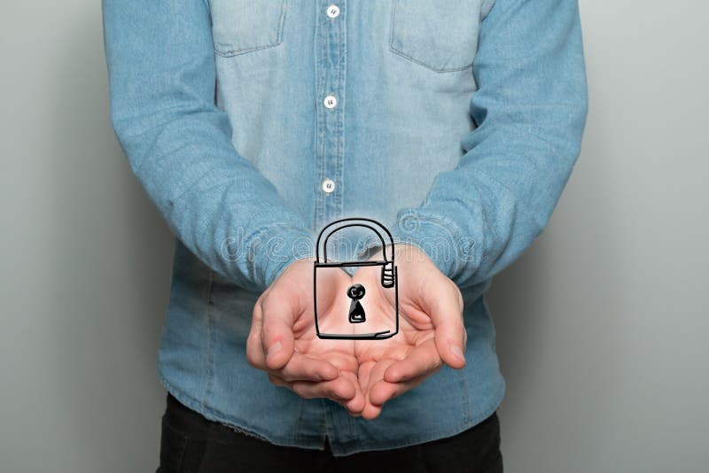 Man holds a padlock symbol stock image. Image of sign - 60520099