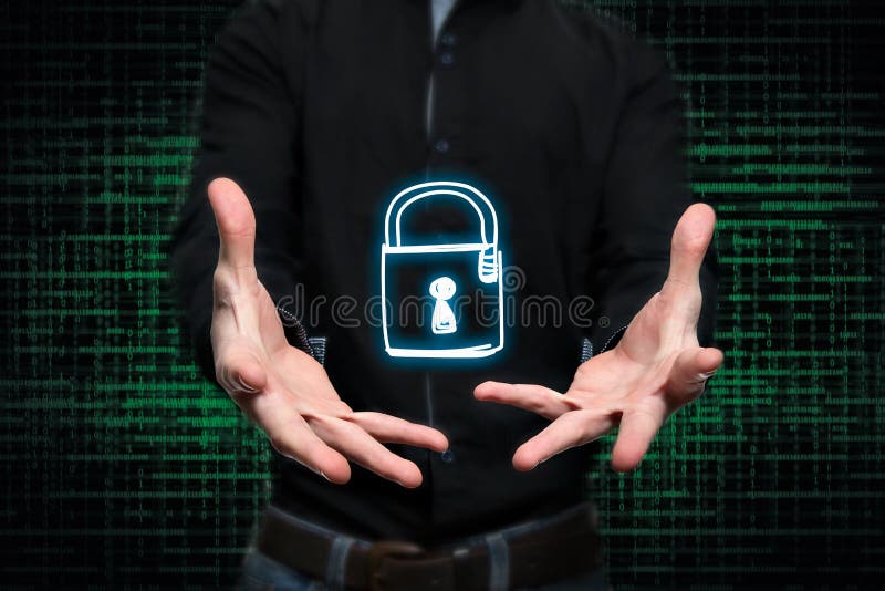 Man holds a padlock symbol stock image. Image of place - 176143187