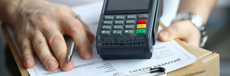 Man Holds Parcel Delivery Document and Terminal Stock Photo - Image of ...
