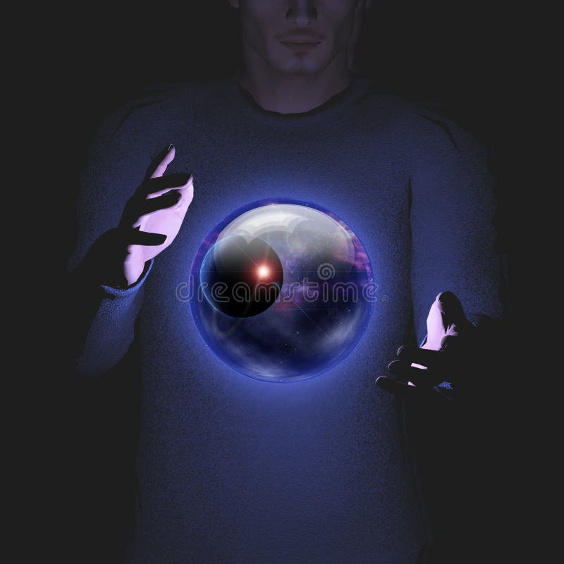 Man Holds Planet and Space in Sphere between His Hands Stock ...