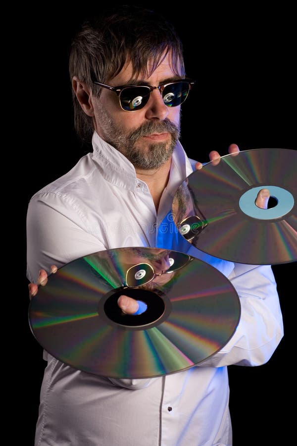 Man with the Retro Laser Disc Stock Photo - Image of reflection, people ...