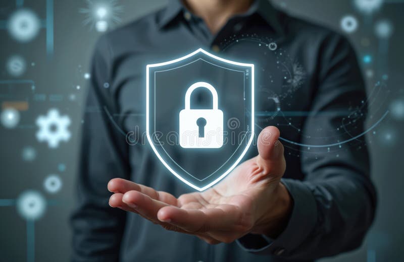 Man Holds Shield Lock Icon. Concept Tech Data Security, Protection ...