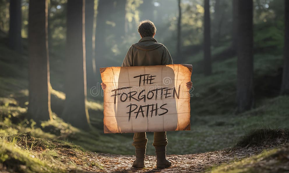 Man Holds Sign with the Forgotten Paths Text in Sunlight Forest Scene Stock Illustration ...