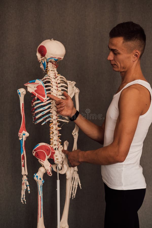 A Man Holds a Skeleton Leg in His Hands and Points a Finger at it Stock ...