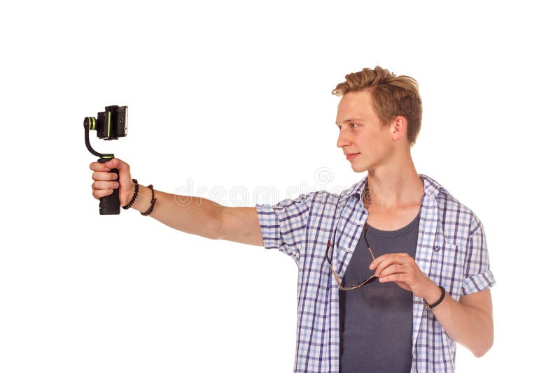 Man Holds Small Action Camera on Gimbal. Stock Photo - Image of ...