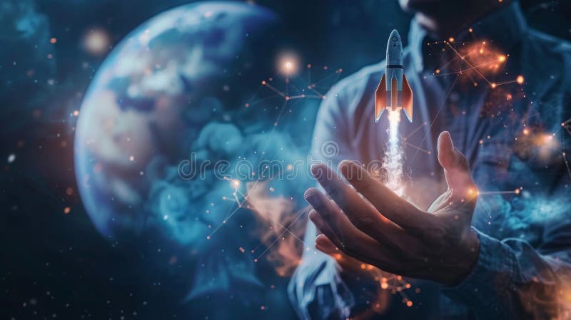 A Man is Holding a Miniature Rocket, Flames Ready for Launch ...