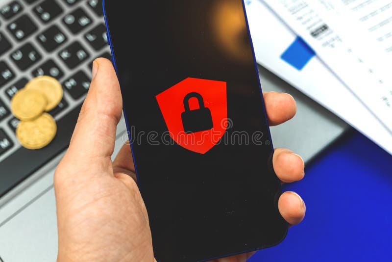 Man Holds Smartphone with Red Lock, Data Protection and Cybersecurity ...