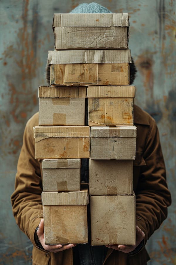 A Man Holds a Stack of Cardboard Boxes Against a Gray Wall Stock ...