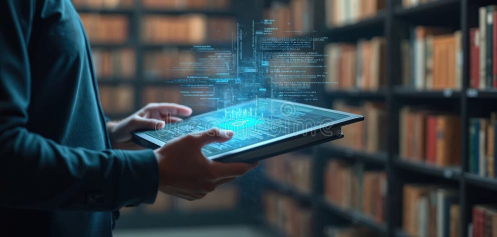 Man Holds Touch Screen Pad As Open Book in Digital Library. Interactive ...