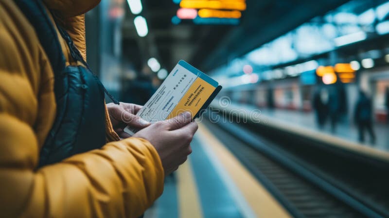 Man Holds Train Ticket at Busy Subway Station during Evening Commute ...