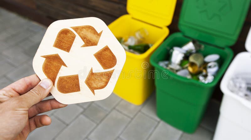 Man Holds the Wooden Recycle Sign in Hand in Front of Three Dustbins ...