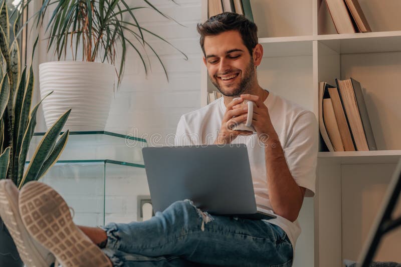 Man at Home with Computer and Cup of Coffee Stock Image - Image of ...