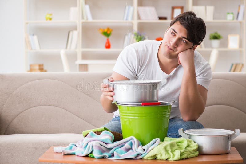 The Man at Home Dealing with Neighbor Flood Leak Stock Image - Image of ...