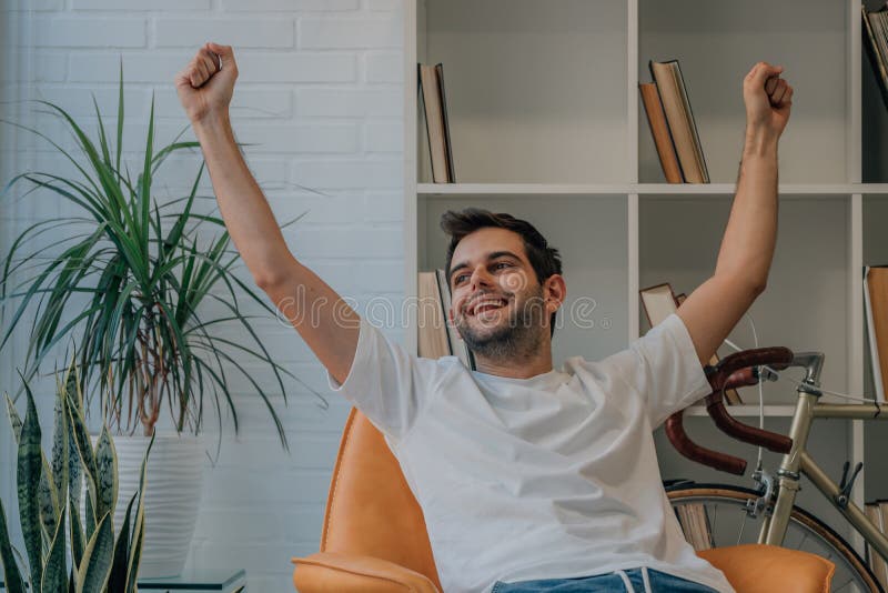 Man at Home Happy Celebrating Stock Photo - Image of enthusiasm ...