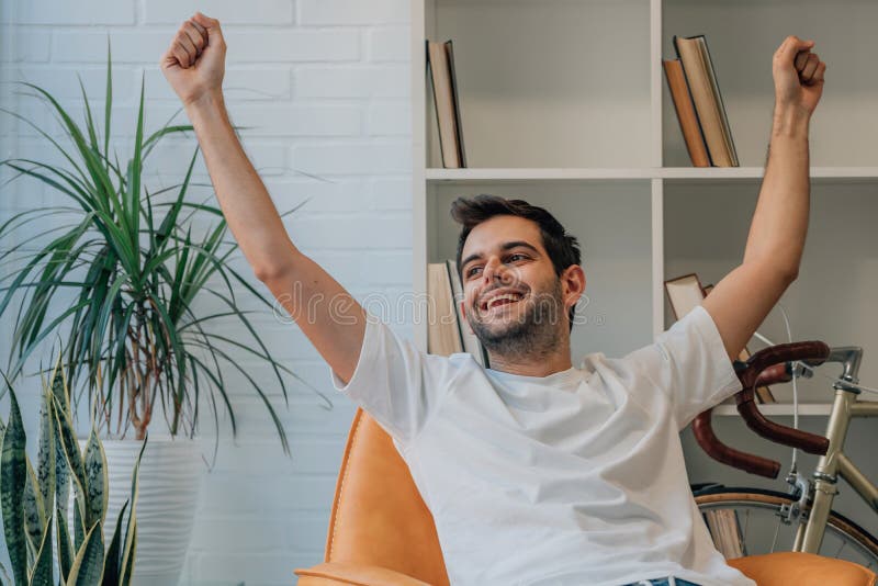 Man at Home Happy Celebrating Stock Image - Image of happiness, smiling ...