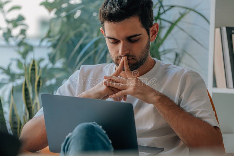 Man at Home with Laptop Thinking or Deciding Stock Photo - Image of ...