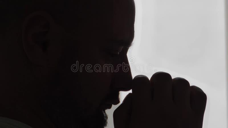 Man at Home, Looking Up, Praying Prayer, Thinking. Portrait, Closeup ...