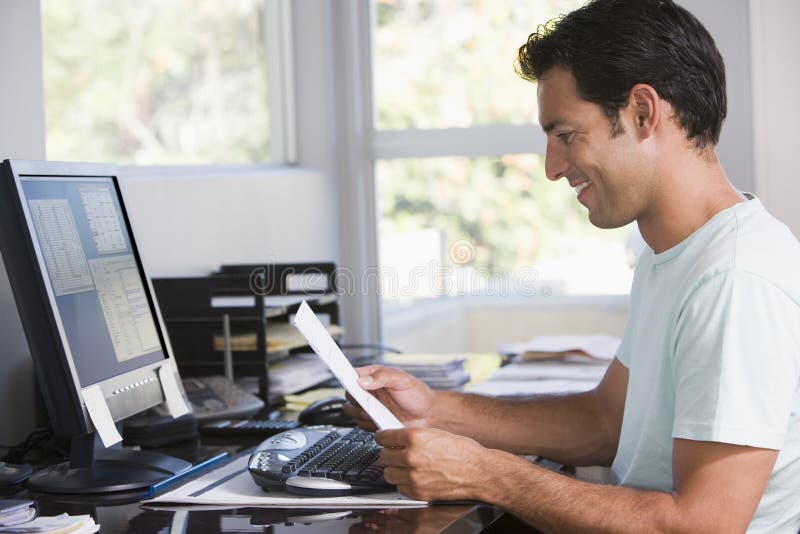 Man in Home Office Using Computer Stock Photo - Image of desk, smile ...
