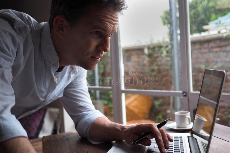 Man in Home Office Using Computer Stock Image - Image of internet ...