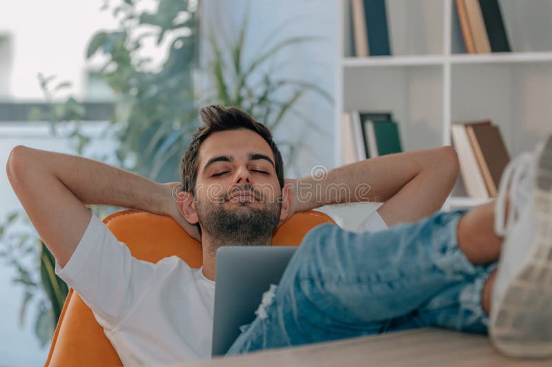 Man at Home Sleeping Relaxed with Computer Stock Image - Image of ...
