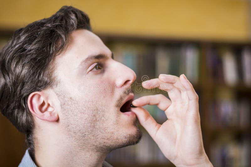 Man at Home Taking Medicine Tablet or Pill Stock Image - Image of care ...