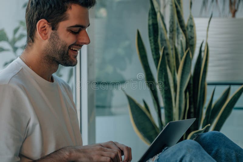 Man at Home Typing on Computer Stock Photo - Image of client, research ...