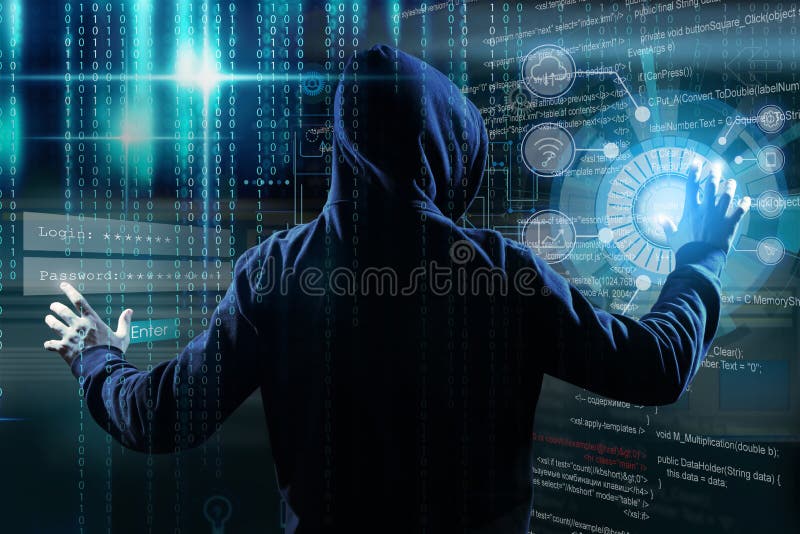 Man in Hood and Digital Code on Dark Background. Cyber Attack Concept ...