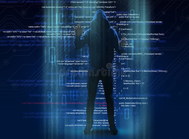Man in Hood and Digital Code on Dark Background. Cyber Attack Concept ...