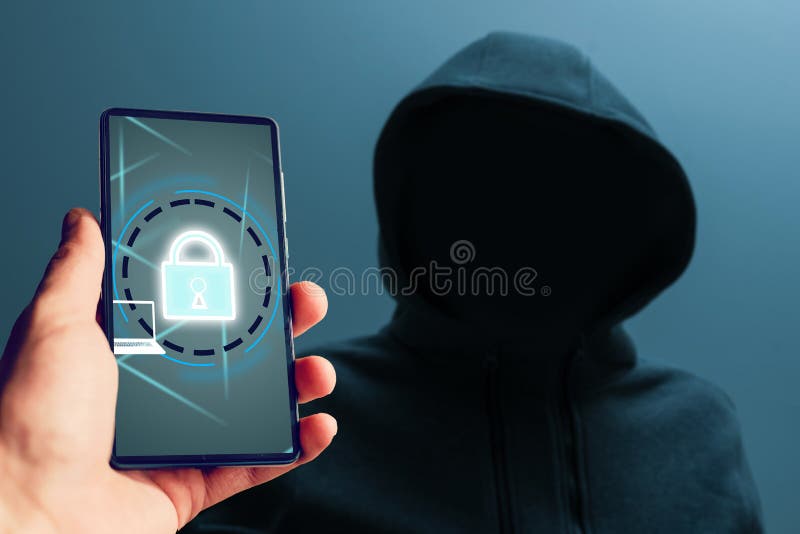 Man in a Hood Hacker, Smartphone with a Lock Stock Illustration ...
