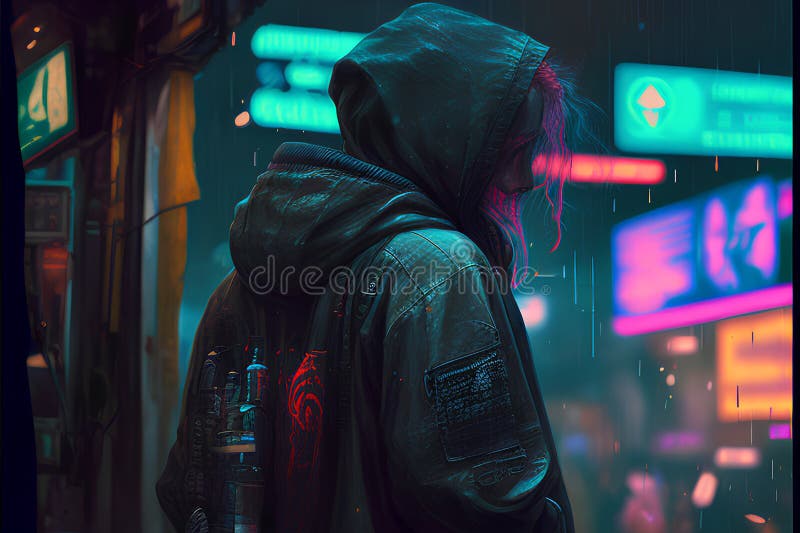 Man in a Hood on the Street at Night in the Rain. Stock Illustration ...