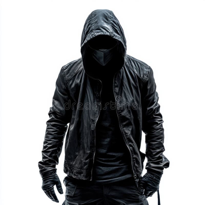 Man in Hooded Jacket and Gloves Standing with Hidden Face in Minimalist ...