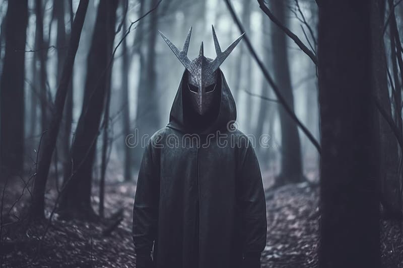 A Man in a Hooded Robe Standing in the Middle of a Dark Forest Stock ...