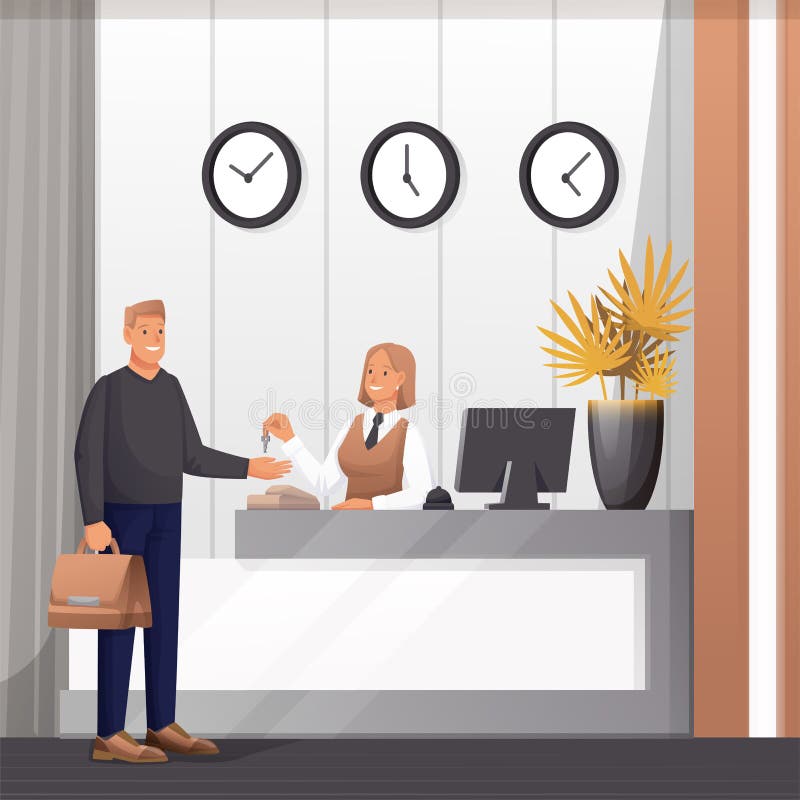 Man at Hotel Reception Receiving Key Scene. Receptionist Working at ...
