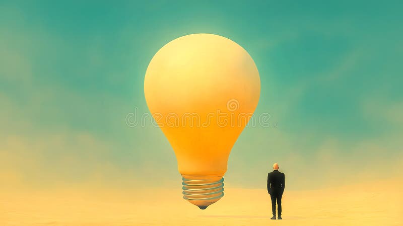 Man and Huge Light Bulb, Thinking Out of Box, Minimalistic Conceptual ...