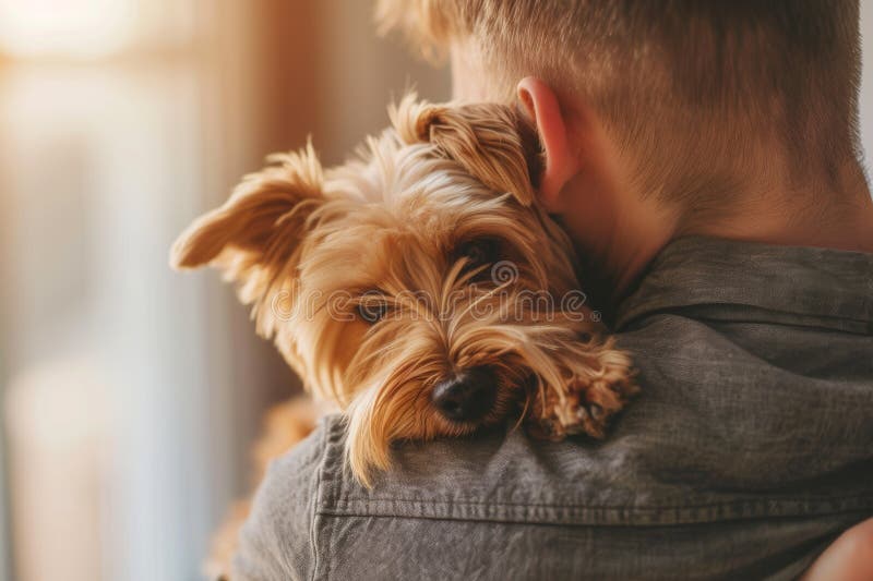 A Man Hugging a Yorkshire Terrier. Stock Image - Image of home ...