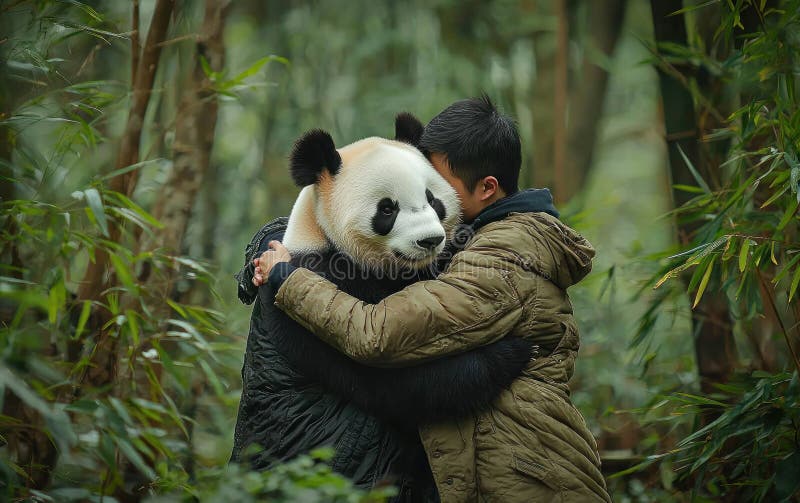 A Man Hugs a Giant Panda Bear in a Bamboo Forest Stock Illustration ...