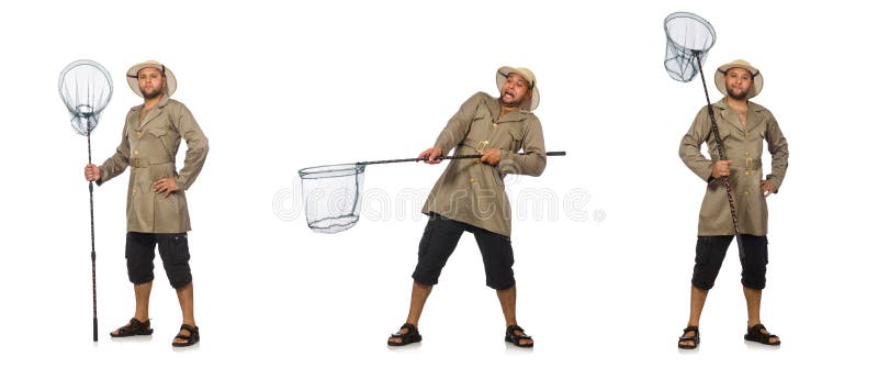 Man Hunting for Butterflies Isolated on White Stock Image - Image of ...