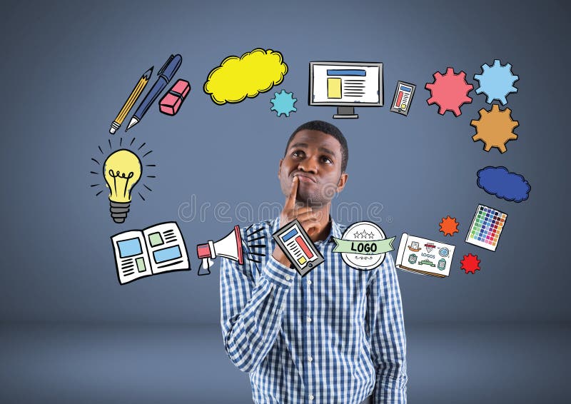 Man with icons thinking stock illustration. Illustration of business ...