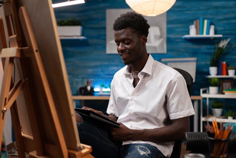 Man Illustrator Searching for Draw Inspiration on Tablet Computer Stock ...