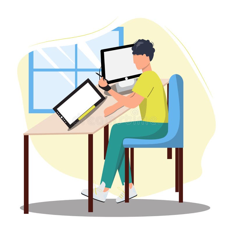 Man Illustrator, Working on a New Project at the Table Home. Working ...