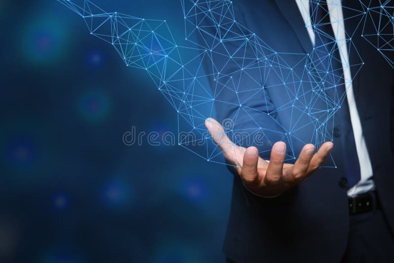 Man and Image of Virtual Connection Lines Presenting Innovation Network ...