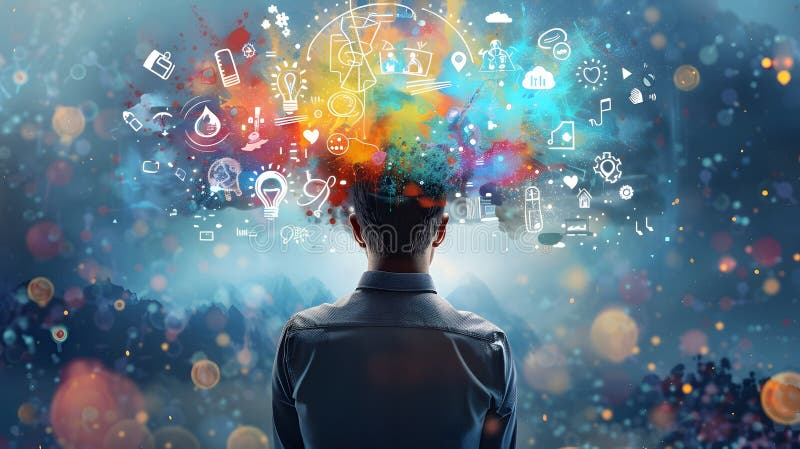 Man Immersed in Colorful Digital Mind Mapping, Illustrating Creativity ...